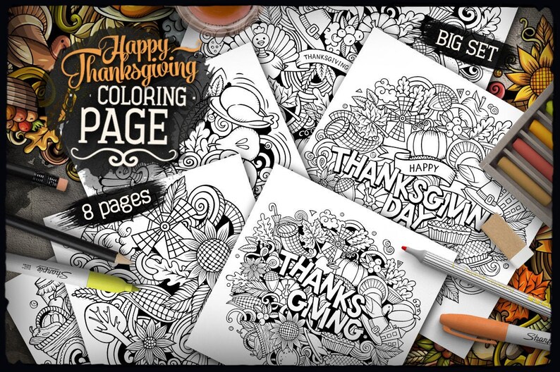 8 Happy Thanksgiving Digital Coloring Pages, Adult Coloring, Give ...