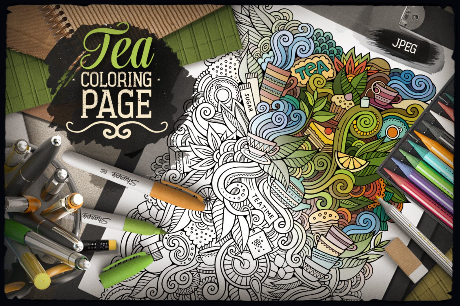 TEA TIME DOODLE Digital Coloring Page, Adult Coloring, Tea Party ...