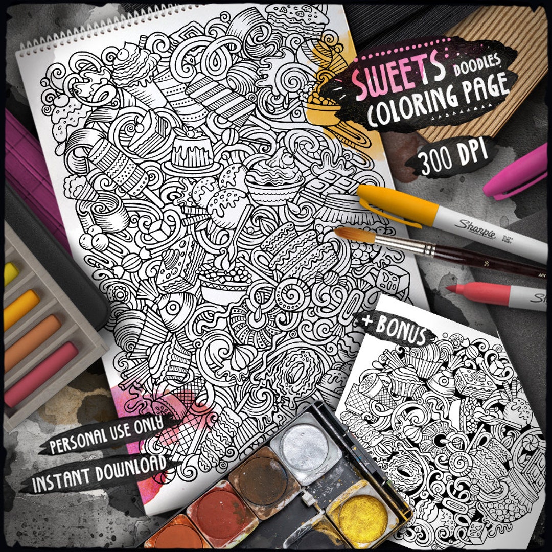 SWEETS Digital Coloring Page, Desserts Doodle Adult Coloring Book ...