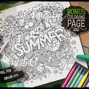 SUMMER Digital Coloring Page, Season Doodle Adult Coloring Book ...