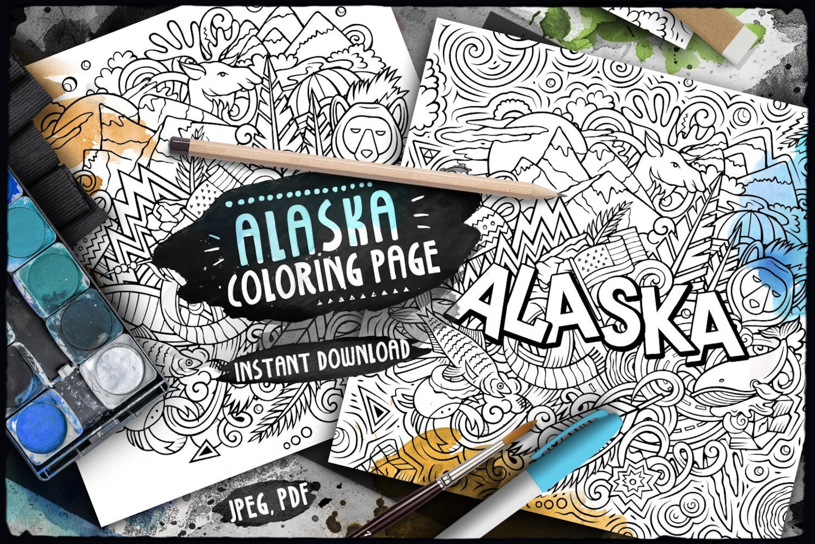 ALASKA Digital Coloring Page/ American Alaskan Doodle Illustration/ USA ...