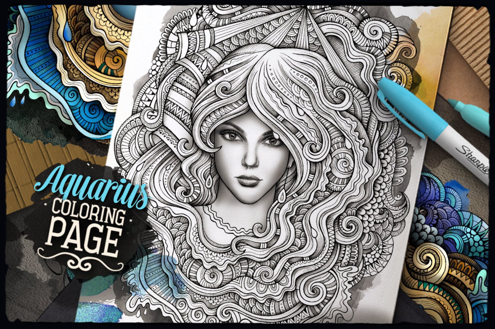AQUARIUS Zodiac Adult Coloring Page, Zodiac Sign Coloring Book, Fantasy ...