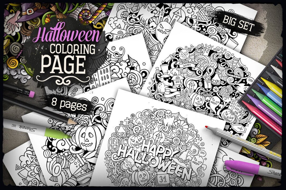 8 Happy Halloween Digital Coloring Pages, Adult Coloring, Halloween ...