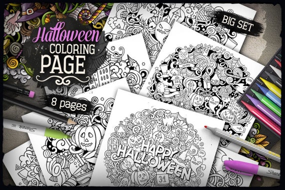 8 Happy Halloween Digital Coloring Pages Adult Coloring | Etsy