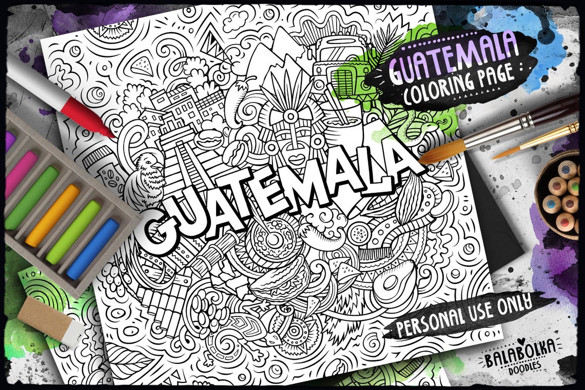 GUATEMALA Digital Coloring Page/ Maya Culture Travel Adult Coloring ...