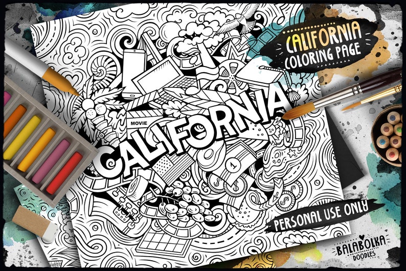 CALIFORNIA Digital Coloring Page/ American Doodle Illustration/ USA ...