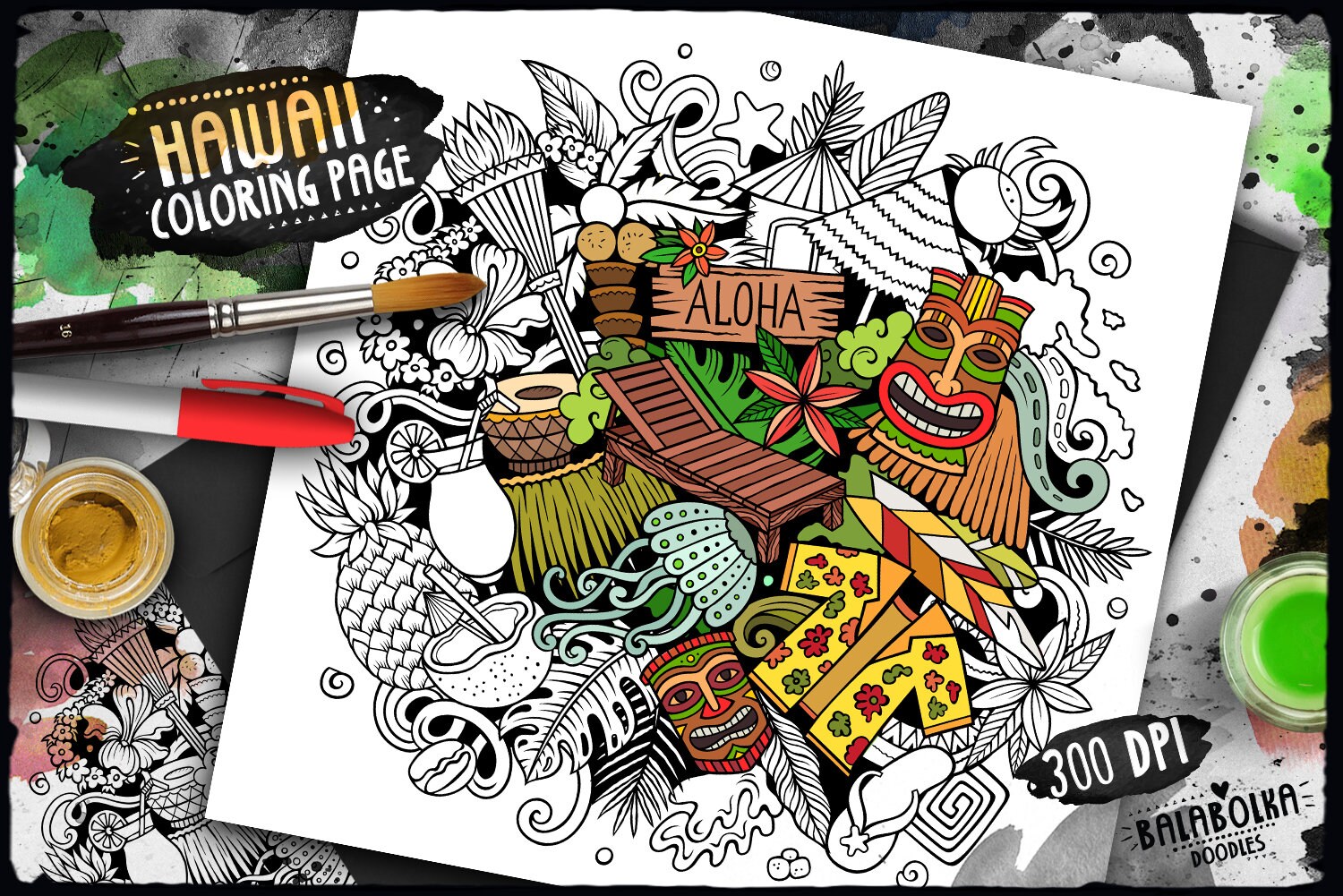 TIKI BAR Hawaii Digital Coloring Page/ Hawaiian Doodle Illustration ...
