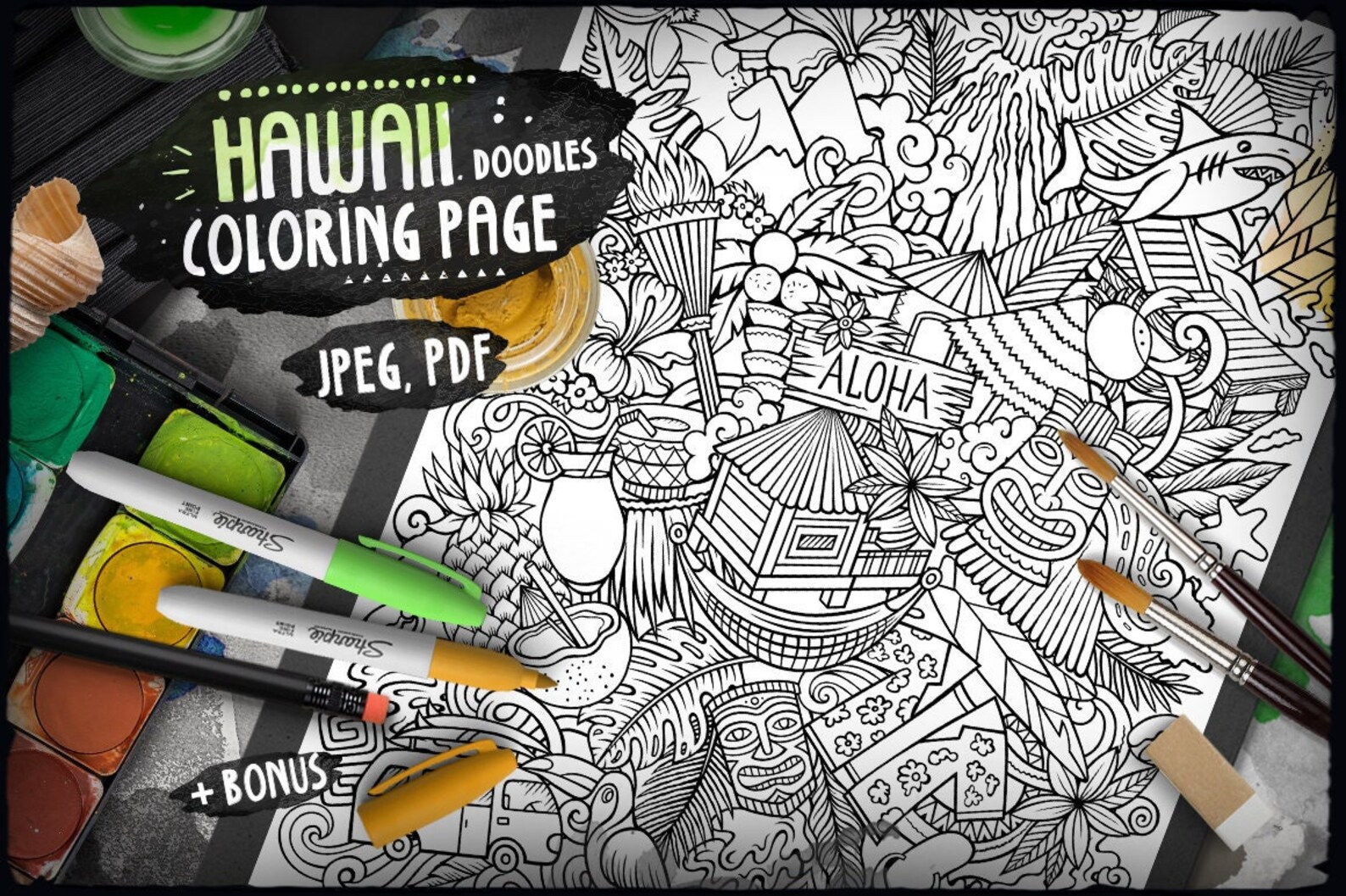 HAWAII Digital Coloring Page, Aloha Doodle Adult Coloring Book ...