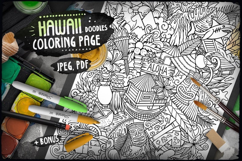 HAWAII Digital Coloring Page, Aloha Doodle Adult Coloring Book ...