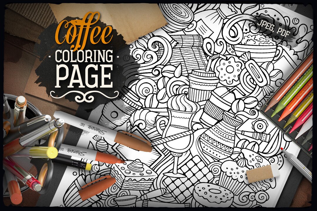 COFFEE Digital Coloring Page, Cafe Doodle Adult Coloring Book ...