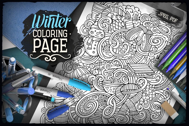 WINTER Digital Coloring Page Wintertime Doodle Adult Coloring - Etsy