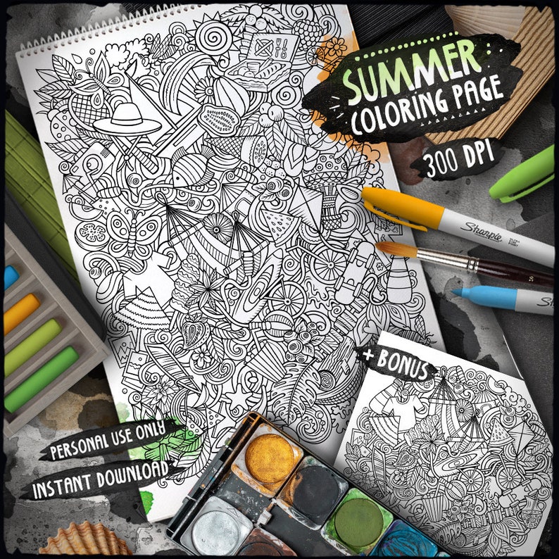 SUMMER Digital Coloring Page/ Season Doodle Adult Coloring | Etsy