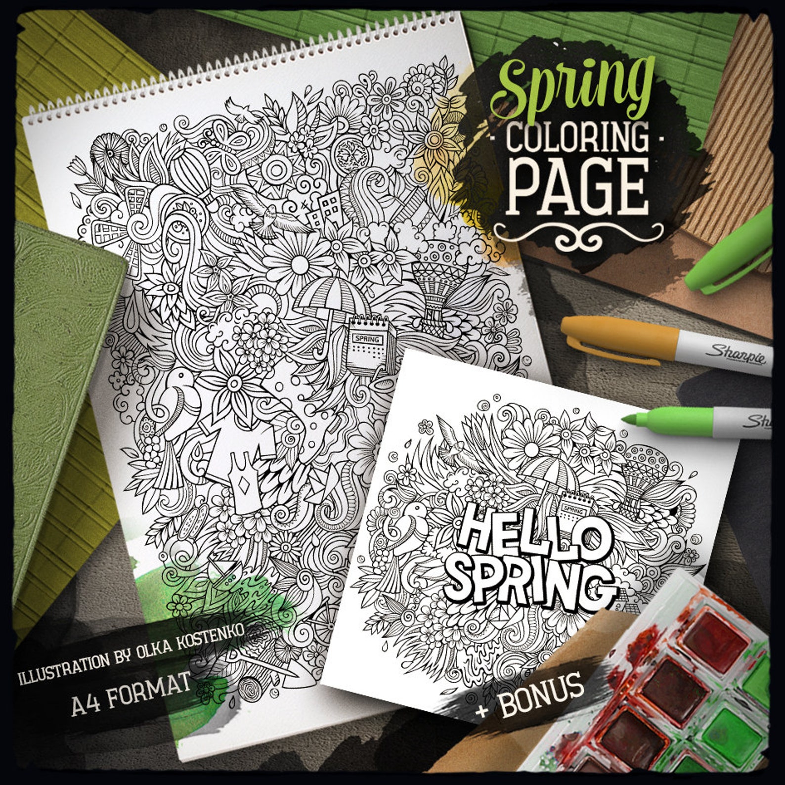 SPRING Digital Coloring Page Season Doodle Adult Coloring - Etsy