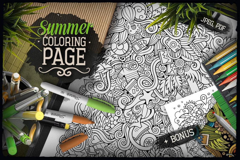 SUMMER Digital Coloring Page Season Doodle Adult Coloring - Etsy