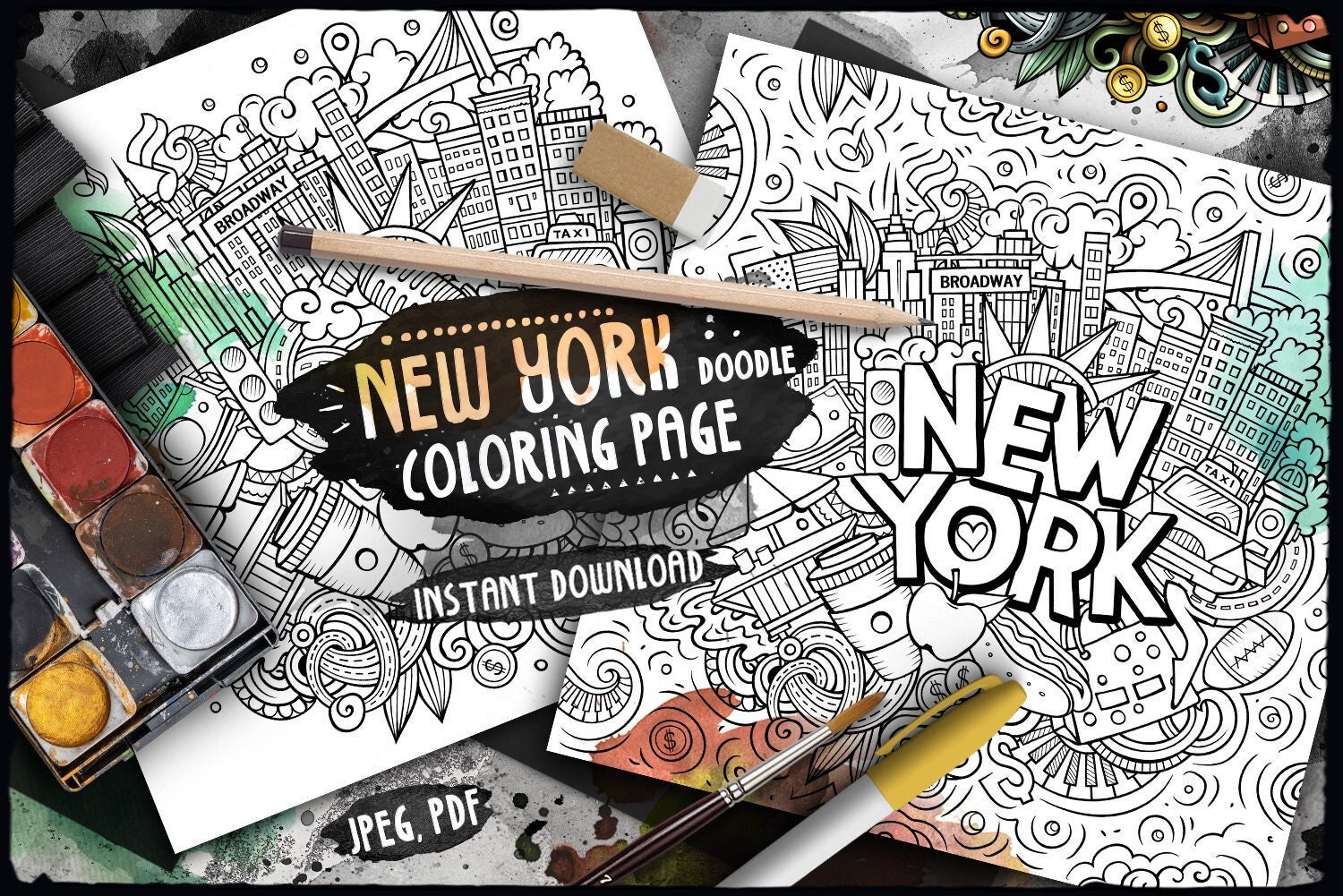 New York Digital Coloring Page/ NY City Doodle Illustration/ American ...