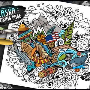 ALASKA Digital Coloring Page/ American Alaskan Doodle Illustration/ USA ...