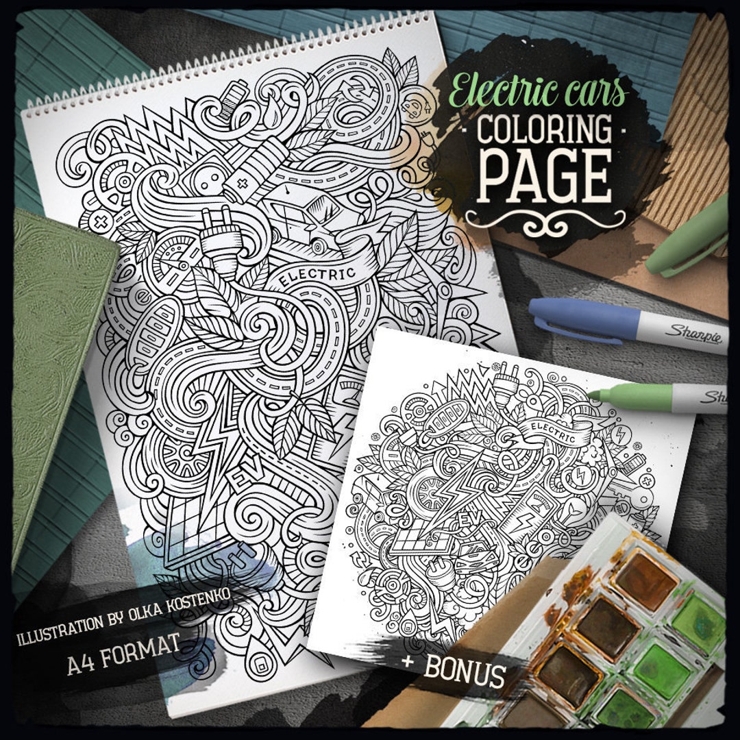 ELECTRIC VEHICLE Digital Coloring Page, Doodle Adult Coloring Book ...