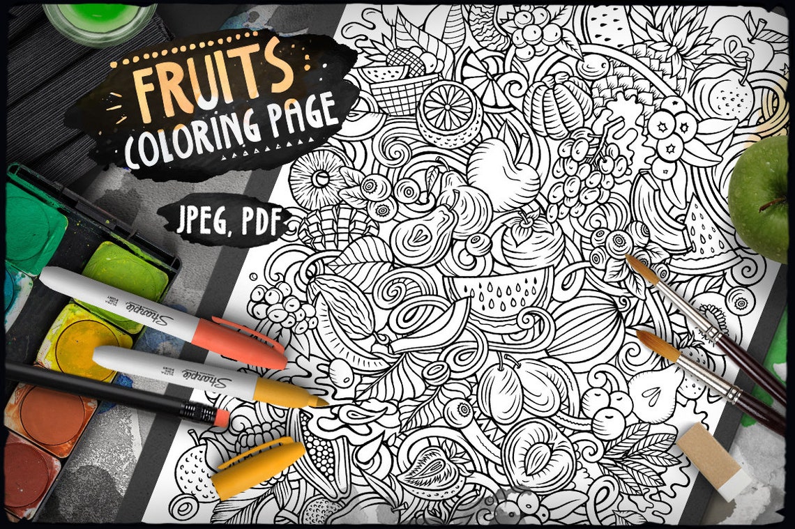 FRUITS Digital Coloring Page/ Fresh Fruits Doodle Adult Coloring Book ...
