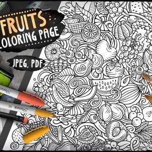FRUITS Digital Coloring Page/ Fresh Fruits Doodle Adult Coloring Book ...