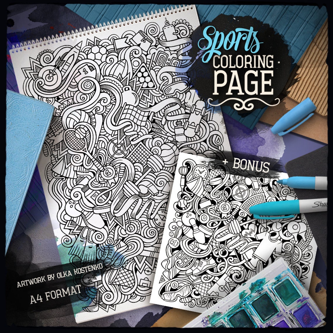 SPORTS Digital Coloring Page, Sport Doodle Adult Coloring Book ...
