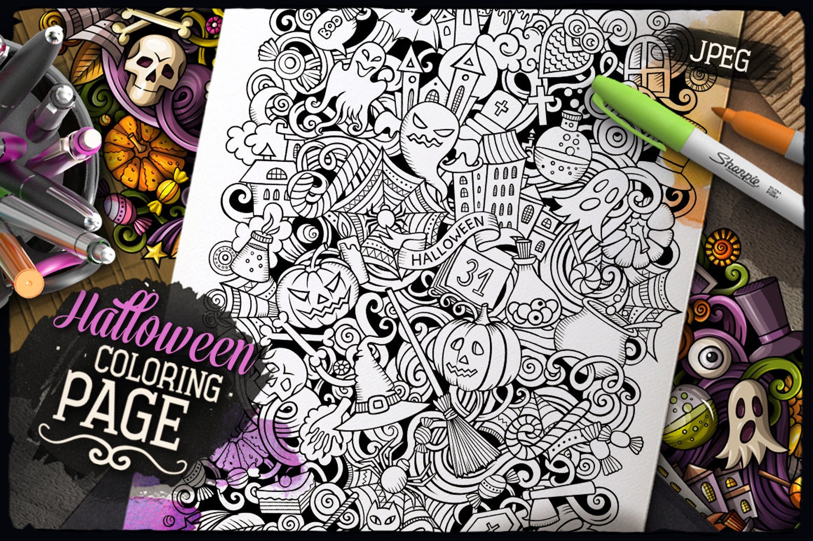 8 Happy Halloween Digital Coloring Pages, Adult Coloring, Halloween ...