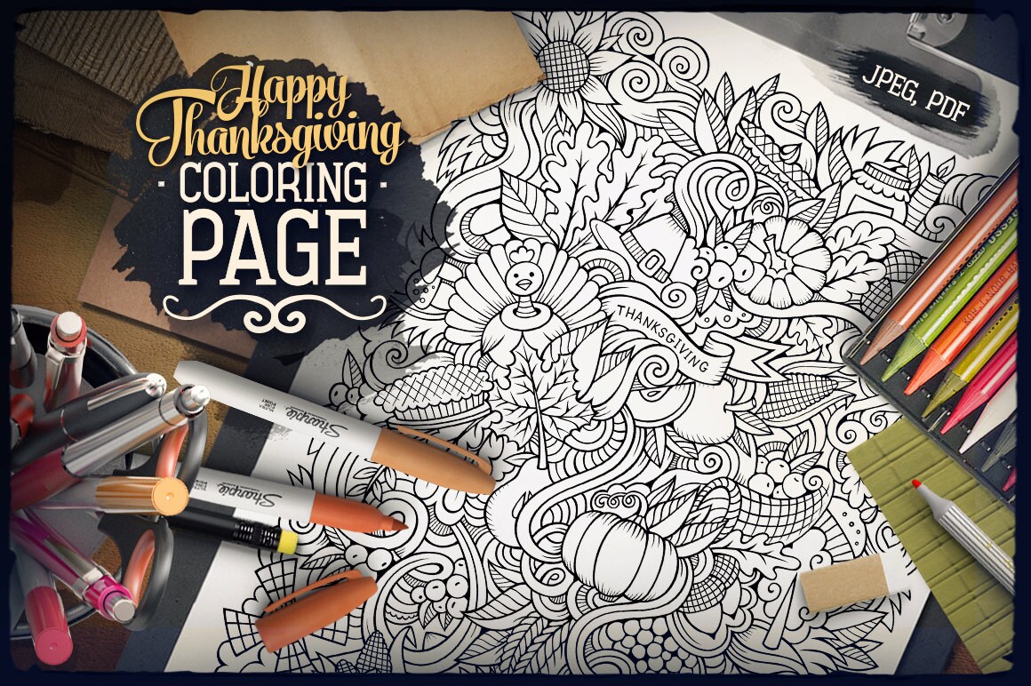 HAPPY THANKSGIVING Digital Coloring Page Give Thanks Adult | Etsy