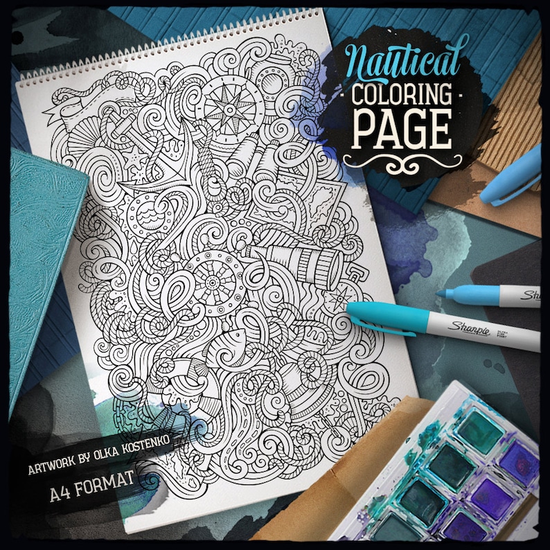 NAUTICAL Digital Coloring Page, Marine Doodle Adult Coloring Book ...