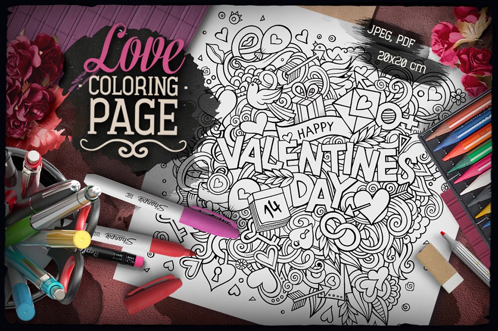 LOVE, I LOVE YOU, Happy Valentines Day, Digital Coloring Page, Adult ...