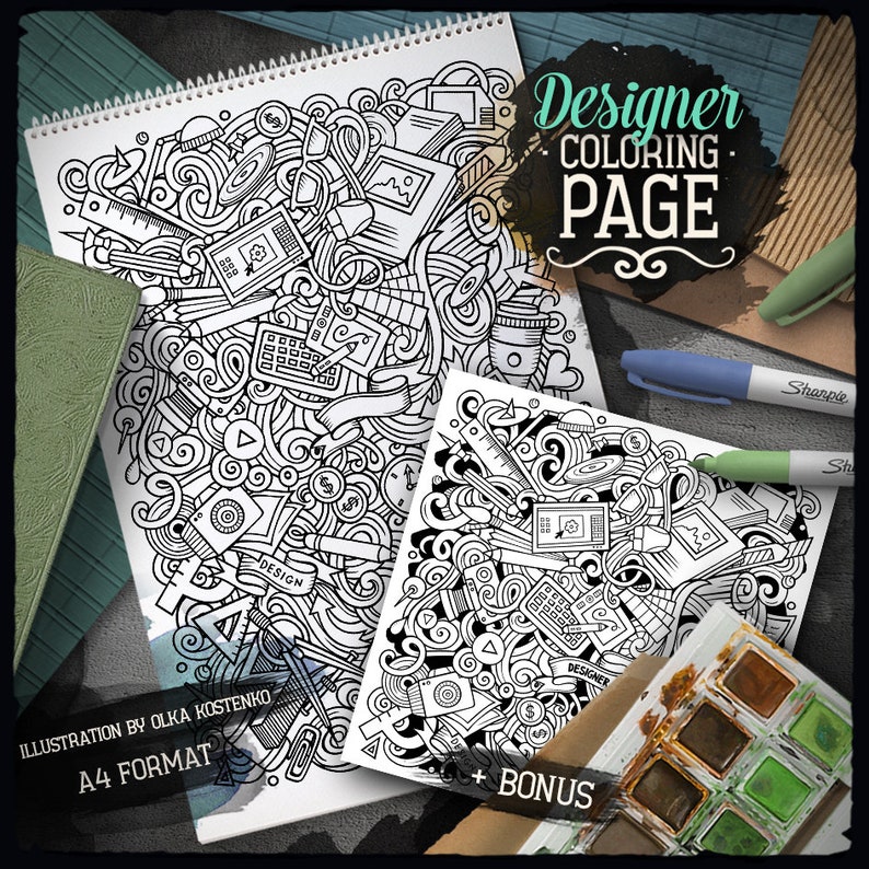 Designer Digital Coloring Page, Adult Coloring Book, Designer Doodles ...
