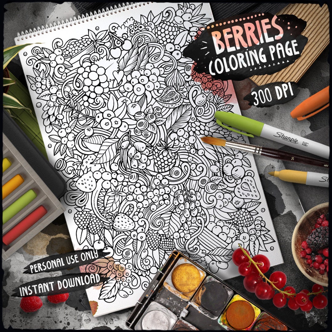 BERRY FRUITS Digital Coloring Page/ Berries Doodle Adult Coloring Book ...