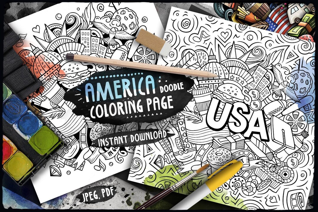 USA Digital Coloring Page/ United States of America Doodle Illustration ...