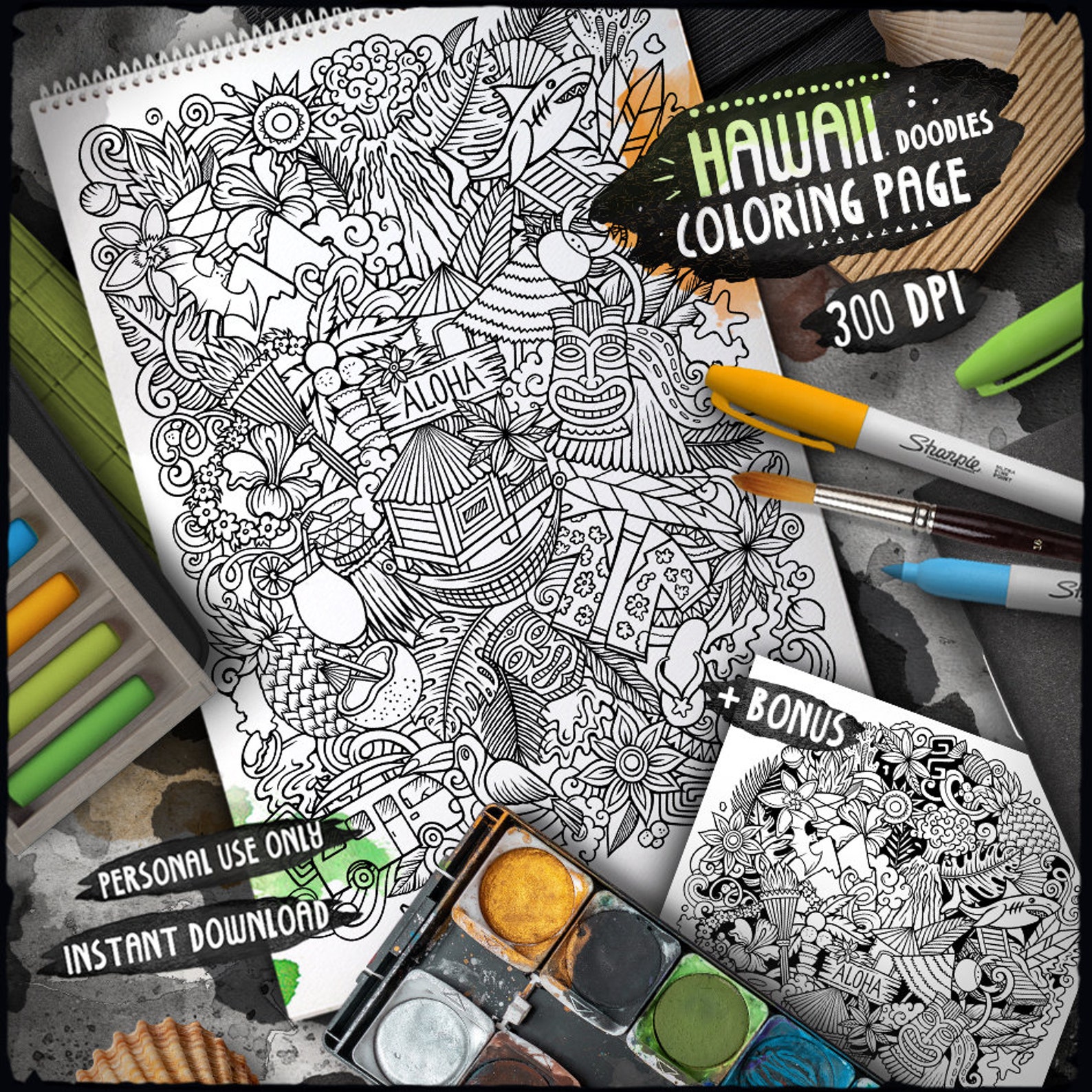 HAWAII Digital Coloring Page, Aloha Doodle Adult Coloring Book ...