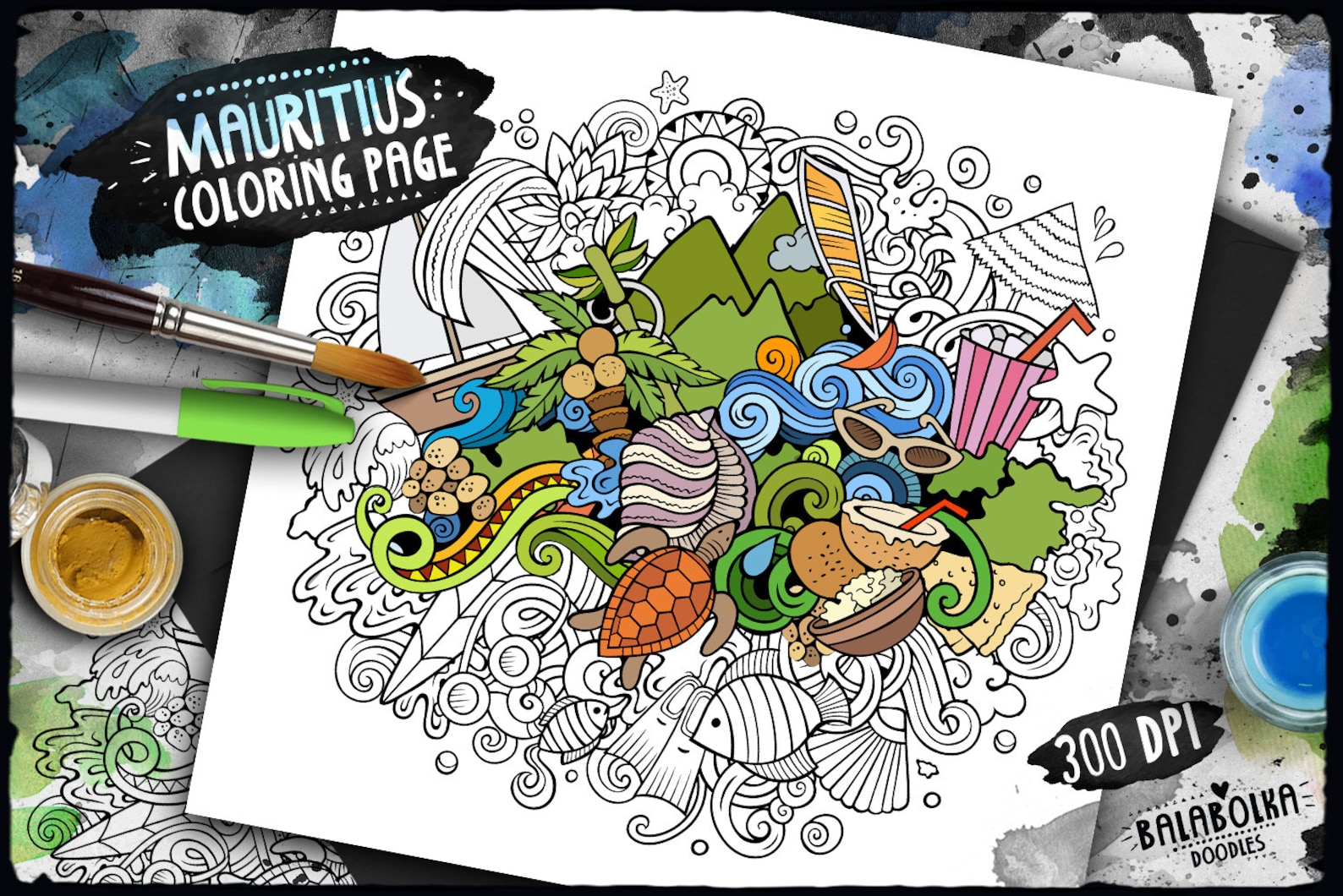 MAURITIUS Digital Coloring Page/ Exotic Adult Coloring/ Around the ...