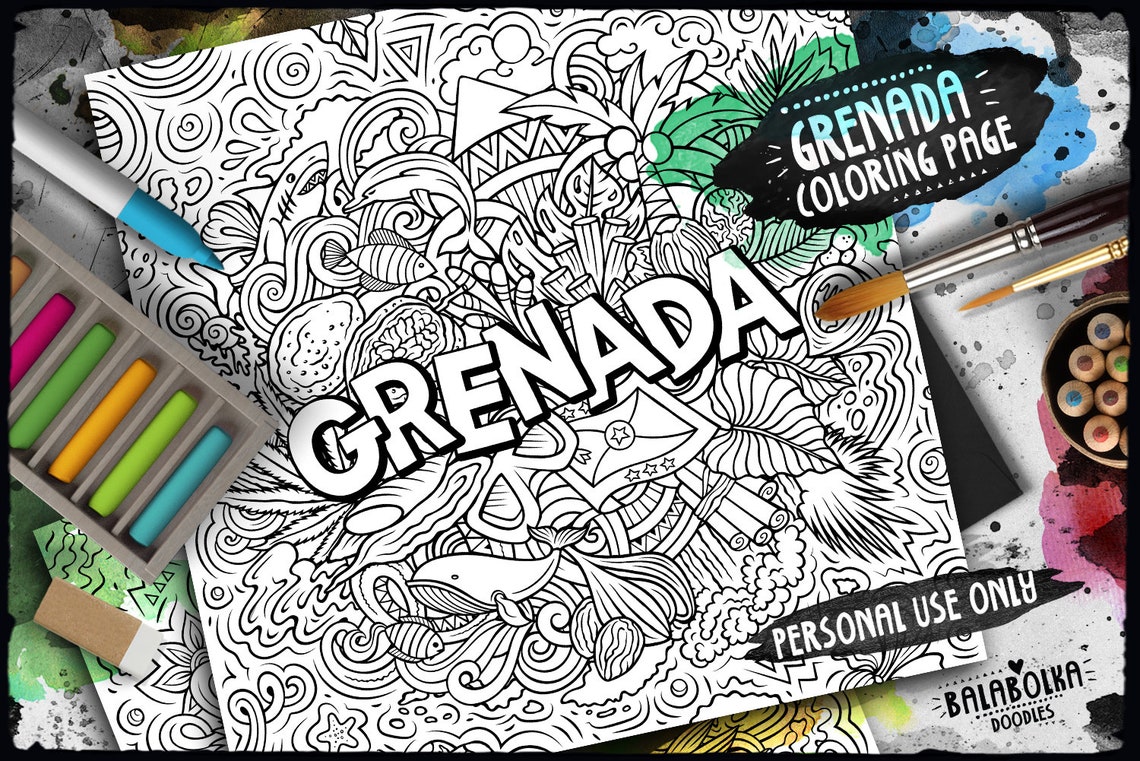 GRENADA Digital Coloring Page/ Grenadian Cartoon Doodle Adult Funny ...