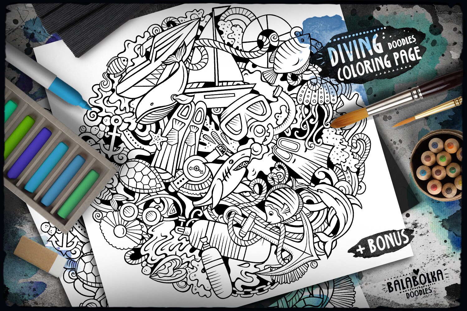 Diving Coloring Page/ Water Sports Doodle/ Adult Coloring Book/ Digital ...