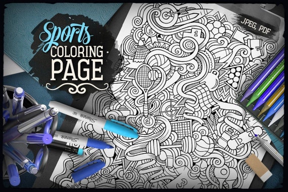 SPORTS Digital Coloring Page Sport Doodle Adult Coloring - Etsy