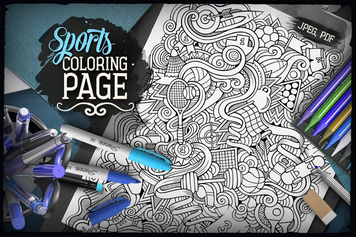 SPORTS Digital Coloring Page, Sport Doodle Adult Coloring Book ...