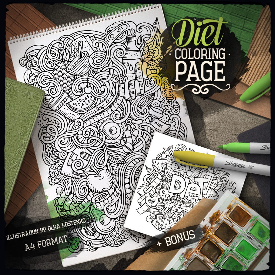 DIET FOOD Digital Coloring Page, Adult Coloring, Dietary Doodles Art ...