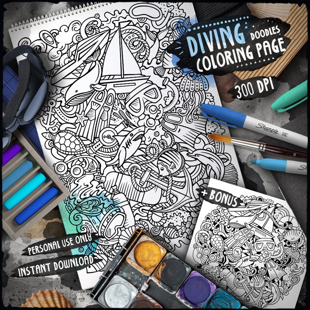 Diving Coloring Page/ Water Sports Doodle/ Adult Coloring Book/ Digital ...