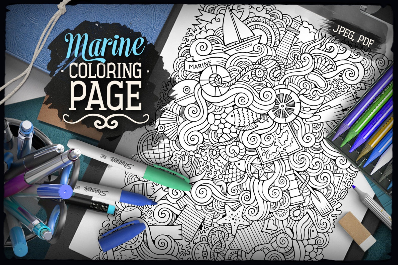 MARINE Digital Coloring Page, Maritime Doodle Adult Coloring Book ...