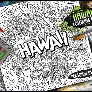 HAWAII Digital Coloring Page/ Hawaiian Doodle Illustration/ American ...