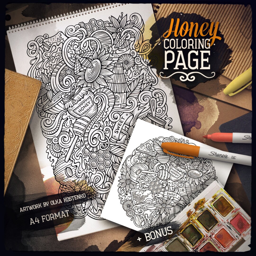 HONEY Digital Coloring Page, Sweets Doodle Adult Coloring Book ...
