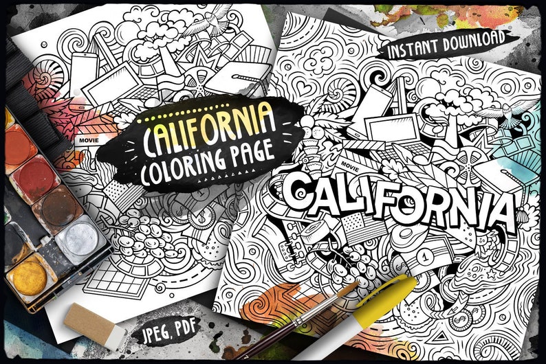 CALIFORNIA Digital Coloring Page/ American Doodle Illustration/ USA ...
