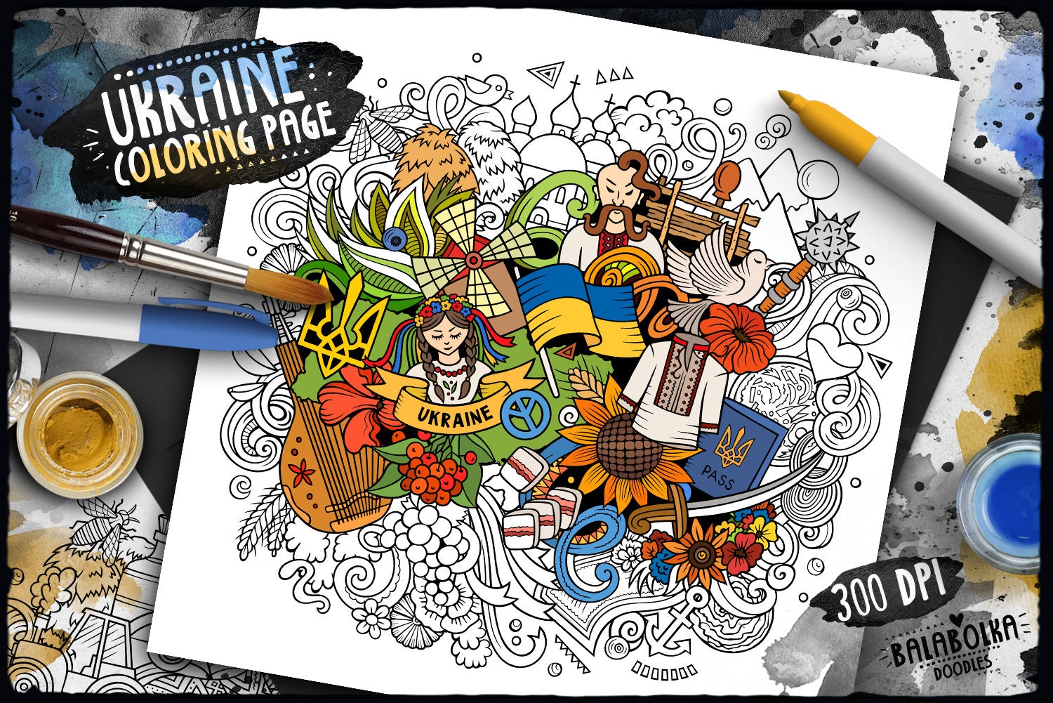 UKRAINE Digital Coloring Page/ Ukrainian Adult Coloring/ Around the ...