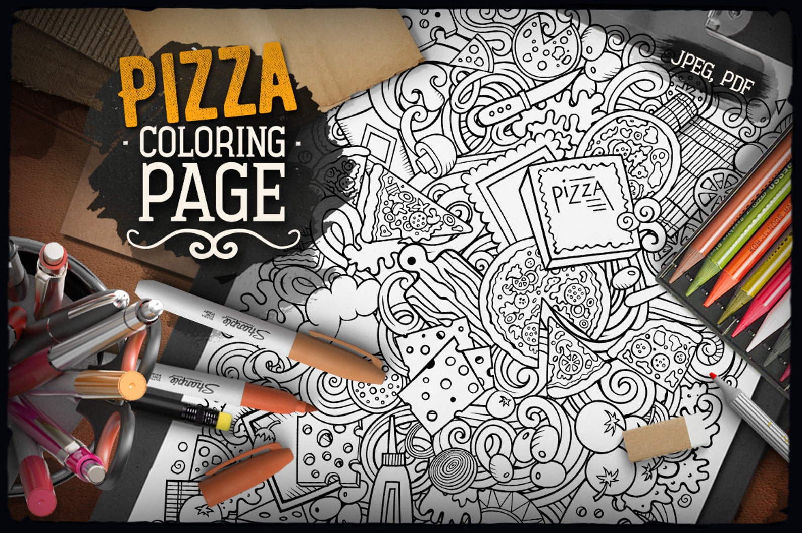 PIZZA Digital Coloring Page, Pizzeria Adult Coloring, Food Printable ...