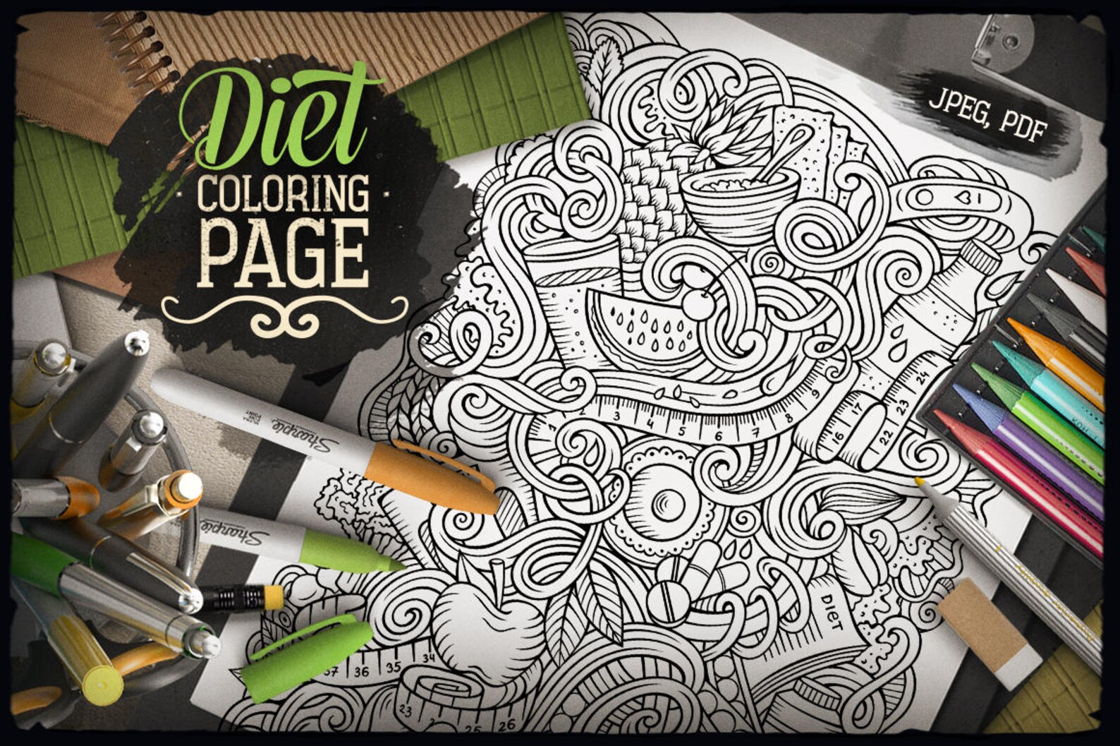 DIET FOOD Digital Coloring Page, Adult Coloring, Dietary Doodles Art ...