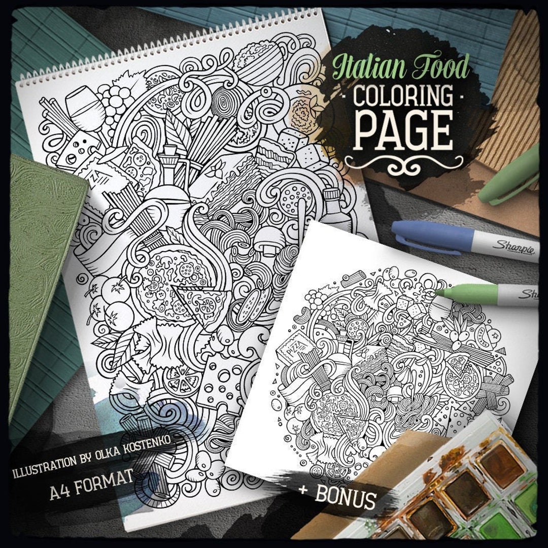 ITALIAN FOOD Digital Coloring Page, Food Doodle Adult Coloring Book ...