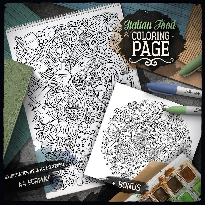 ITALIAN FOOD Digital Coloring Page Food Doodle Adult Coloring - Etsy