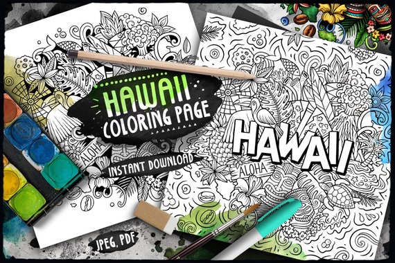 HAWAII Digital Coloring Page/ Hawaiian Doodle Illustration/ | Etsy