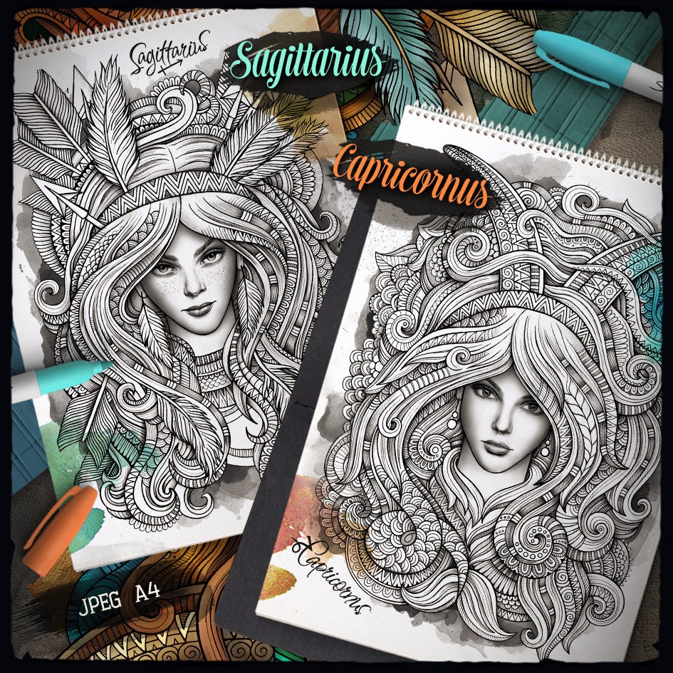 Zodiac Coloring Book 12 Zodiac Signs Digital Download Adult | Etsy